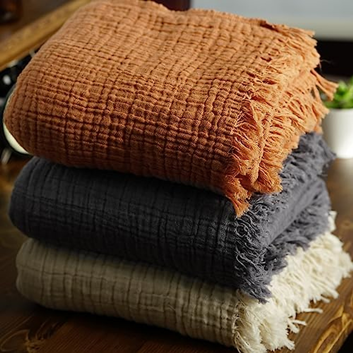 Peshtemania Premium Gauze Muslin Dark Grey Blue Throw Blankets for Adults 4-Layers Tassel Farmhouse 100% Cotton Summer Throw Blanket for Bed Couch Sofa, Ultra Soft & Lightweight |40"x70"|