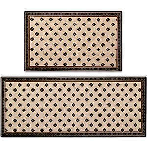 AUTODECO 2 PCS Farmhouse Kitchen Mats and Rug Set - Vintage Water Absorb Microfiber Kitchen Rug Non Skid Washable for Bathroom Laundry Room 17"x29.5"+17"x47", Beige&Black