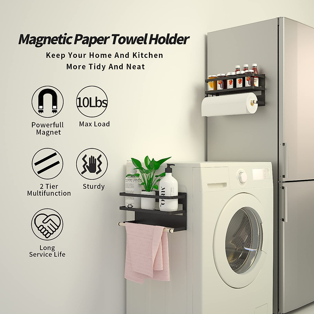 Magnetic Paper Towel Holder for Refrigerator Magnetic Kitchen Towel Bar,Storage Organizer Magnetic Paper Towel Rack Multi Function for Kitchen,Bathroom, Drill Free (Medium, Black)