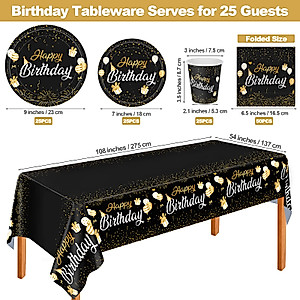 durony 126 Pieces Black and Gold Complete Birthday Tableware Set Party Supplies Includes Paper Cups Plates Napkins Waterproof Tablecloth Happy Birthday Party Favor