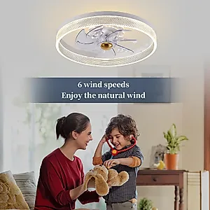 Fszdorj 20‘’ Ceiling Fan with Light, 2024 Upgraded, Low Profile Fan, Flush Mount Ceiling Fan, 6 Speeds, Dimmable LED, App & Remote Control, Quiet DC Motor, For Bedroom, Living Room, F093 White