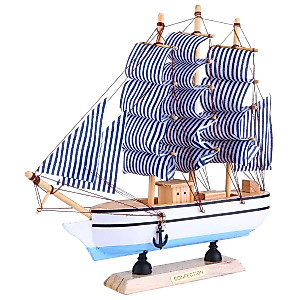 VOSAREA Wood Sailboat Model Blue Ship Figurine 3D Assembling Building Table Ornaments for Home Office Shelf Nautical Decoration Christmas Favors