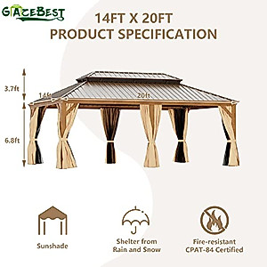 GAZEBEST 14' X 20' Hardtop Gazebo Outdoor Aluminum Patio Gazebo Double Roof Galvanized Steel Gazebo Canopy Wooden Finish Coated with Netting and Curtains,for Garden Patio,Patio Backyard,Deck and Lawns
