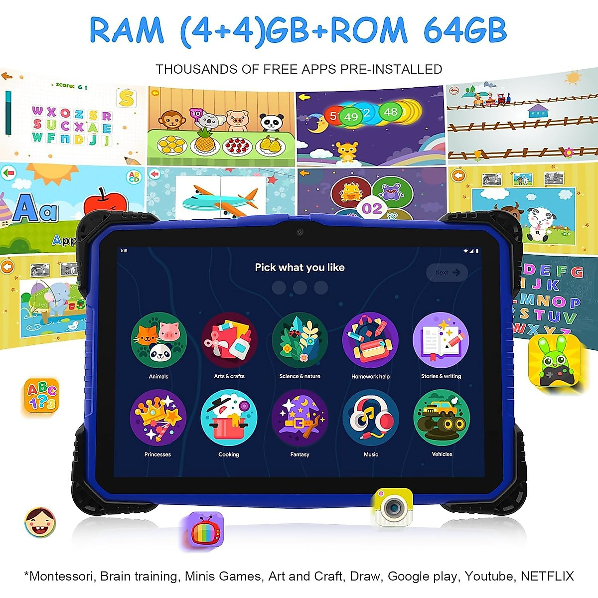 Android 13 Kids Tablet 10 inch Tablet for Kids, 8GB RAM 64GB ROM Toddler Tablets, 8MP Dual Camera, Educational Games Parental Control, Tablet with Kids Software Pre-Installed Kid-Proof YouTube Netflix