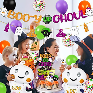 Halloween Gender Reveal Decorations Boo-y or Ghoul Banner Cake Cupcake Topper Ghost Balloon Pumpkin Witch Hat Theme for Kids Boy Girl Halloween Baby Shower Party Supplies