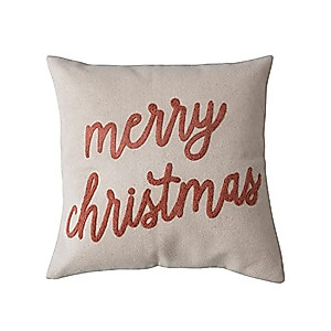 Creative Co-Op Square Cotton Pillow with "Merry Christmas" Embroidery, Cream and Sienna