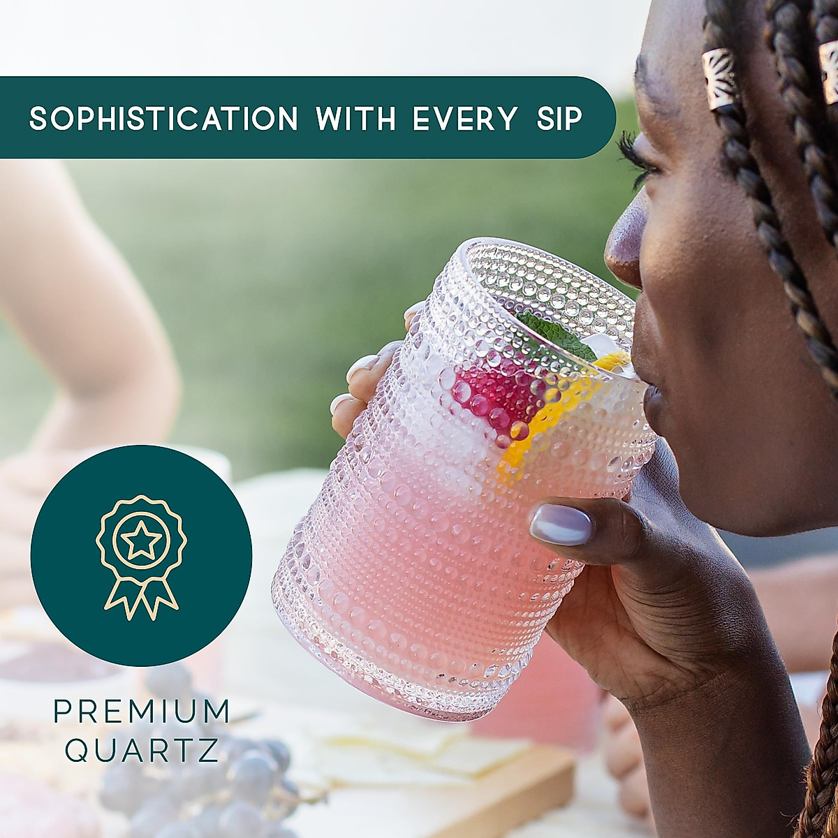 NASONI GLASSWARE 14 oz Hobnail Highball Glasses Set of 6 (Clear) - Embossed Beaded Glass Tumbler Vintage XL Drinkware Double Old Fashioned Cups for Beverages, Cocktails, Margaritas, Juice, Water