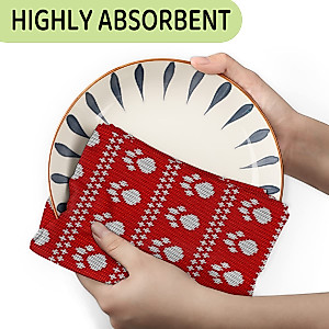 Christmas Pattern Red Paw Print Kitchen Towels and Dishcloths Set of 4-17.7" x 28.3" Absorbent Dish Towels with Hanging Loop Hand Towel for Farmhouse Bar Towels & Tea Towels