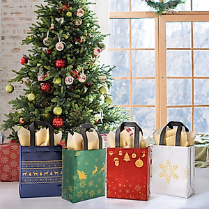STYPOP 16 Pack 10" Christmas Gift Bags Medium Size with Tissue Paper, Reusable Christmas Tote Bags with Handles, Non-Woven Holiday Gift Bags for Christmas Gift Wrap, 10.2" * 8.3" * 4"