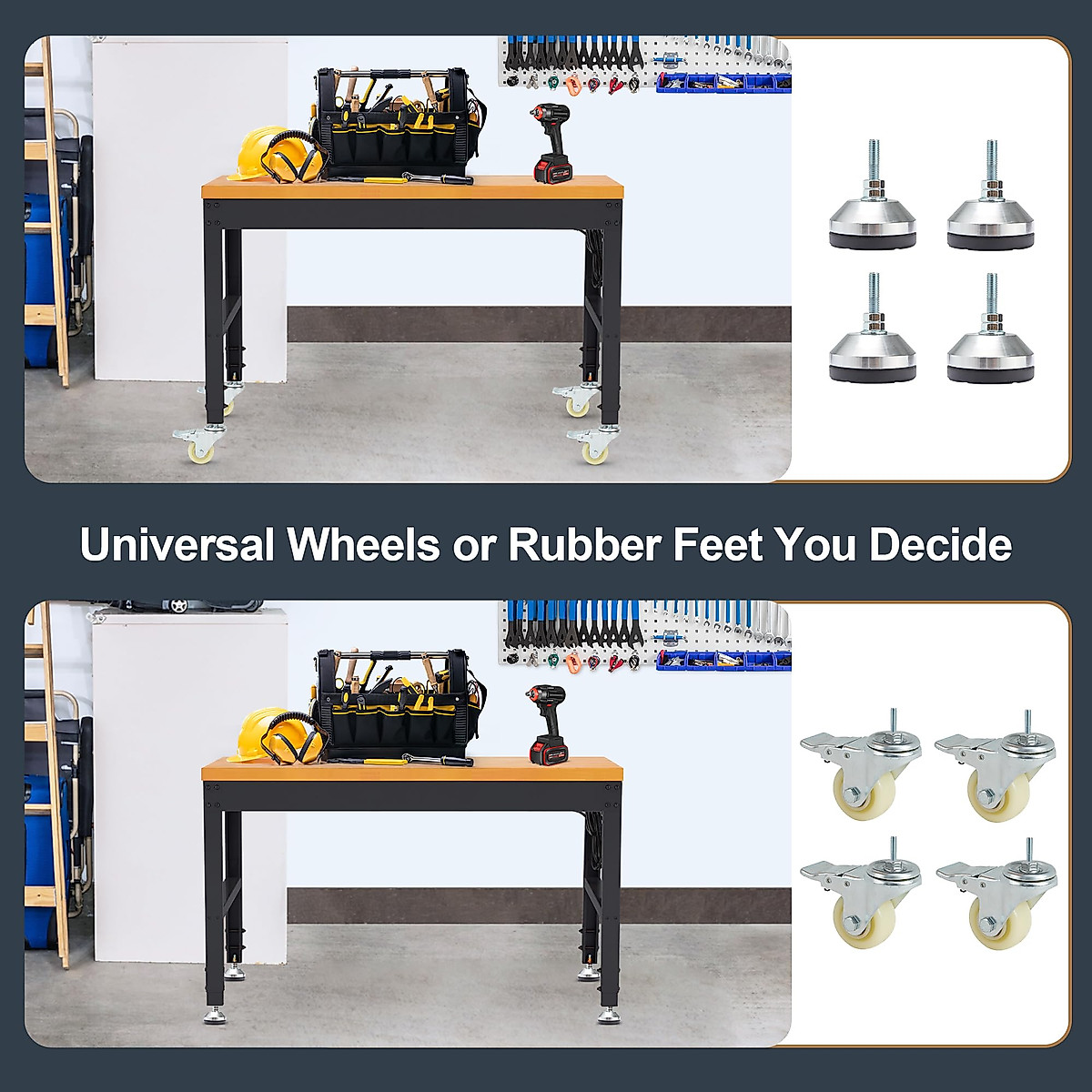 HABUTWAY Height Adjustable Workbench with Wheels 48" x 24" 2000 Lbs Capacity Oak Wood Work Station Heavy-Duty Rolling Work Tables for Garage Party Shop Office