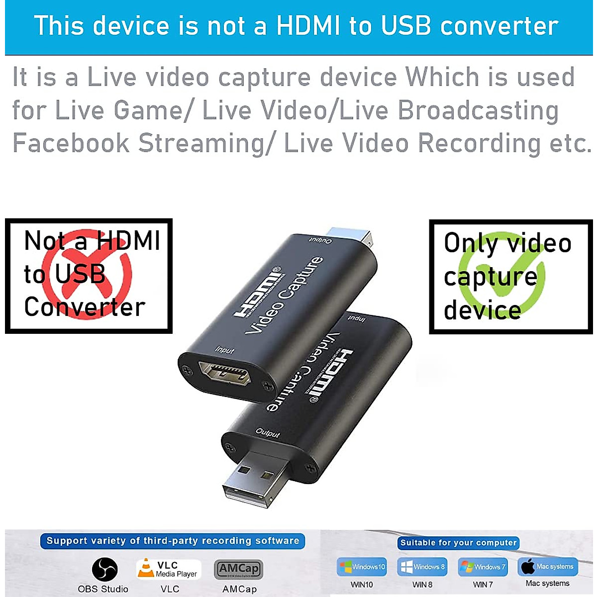 HDMI Video Capture Card, Upgraded 1080p 60fps Capture Card, Cam Link Card Audio Capture Adapter HDMI to USB 2.0 for Gaming, Live Broadcasting, Nintendo Switch, PS3/4, Xbox