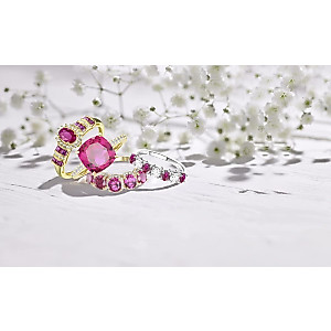 Tirafina Genuine Ruby and Diamond Ring, Alternating Design Of Genuine Gemstones and Diamonds, Center Stone Is Surrounded By Halo Of Diamonds, Gemstone Statement Ring, 14K Yellow Gold (Diamond 1/10 cttw)