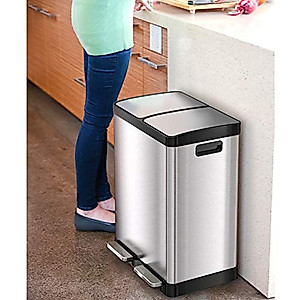 iTouchless 16 Gallon Dual Step Trash Can & Recycle, Stainless Steel Lid and Bin Body with Handle, Includes 2 x 8 Gallon (60L) Removable Buckets are Color-Coded, Soft-close and Airtight Lid, Silver