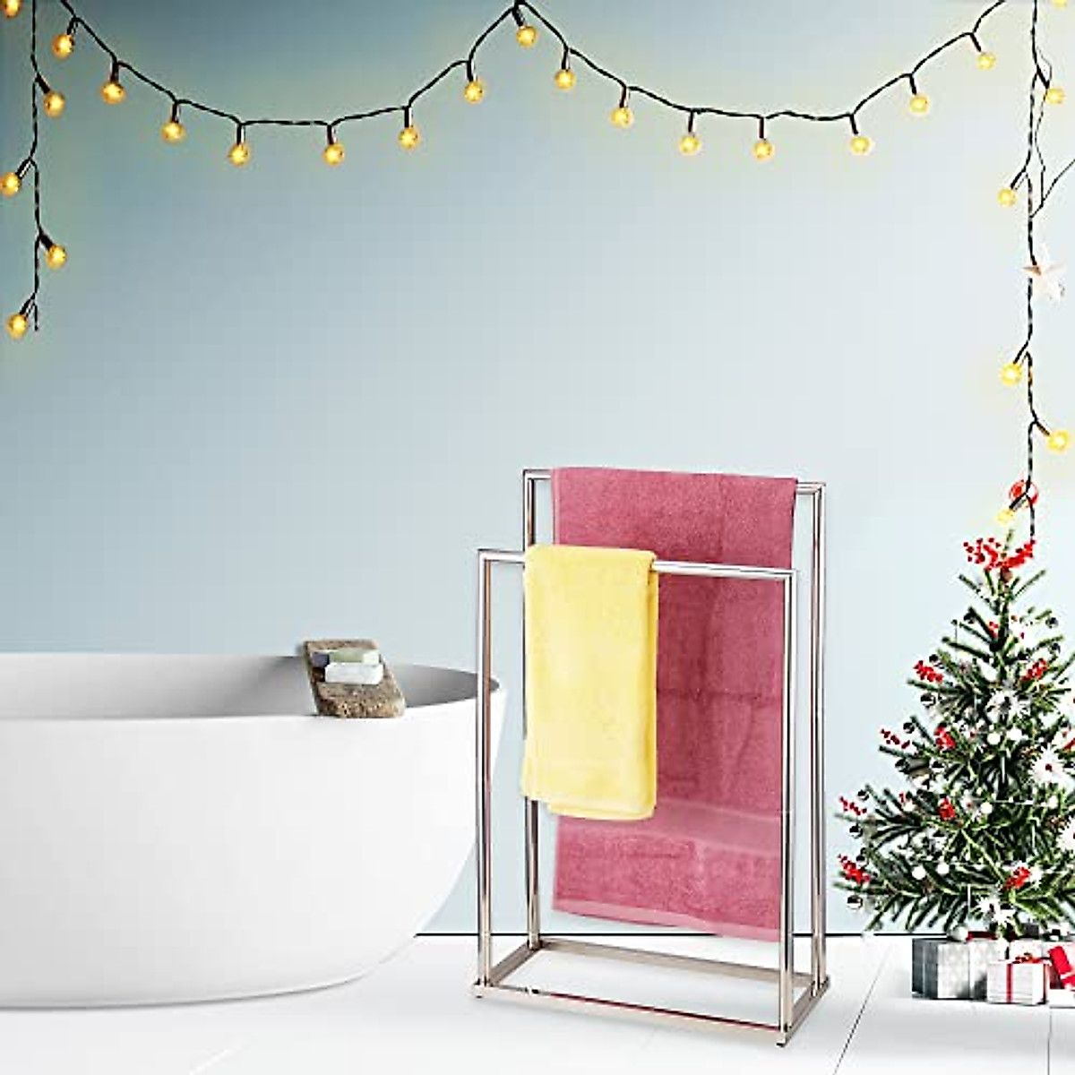 Free Standing Towel Racks for Bathroom, 2 Tier Stainless Steel Indoor Outdoor Floor Towel Rack for Hand Towel Holder Storage and Organization Modern Blanket Rack, Polished Chrome, DECLUTTR