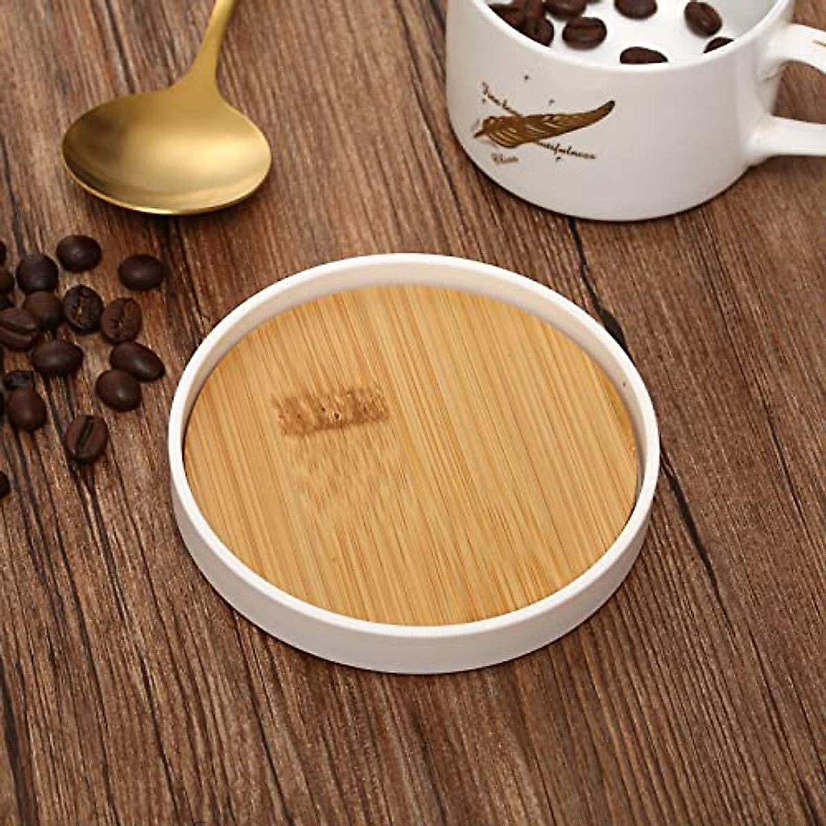 Senstap Wooden Coasters for Drinks Coffee Table, Round Drink Coasters with Holder, Set of 5 Cup Mat for Tabletop Protection, Cup Coaster with Lip 4-inch, White