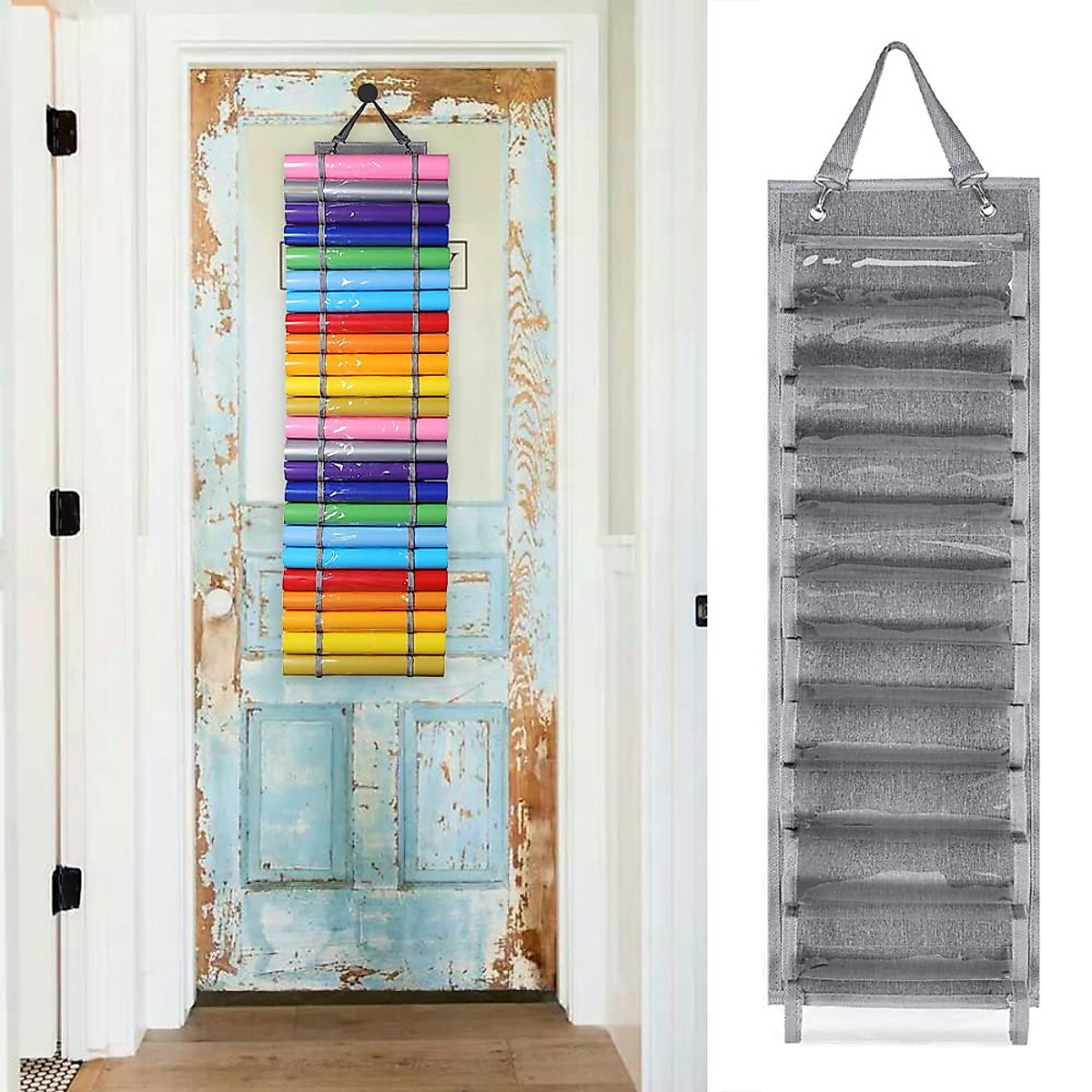 Pilarmuture Vinyl Roll Holder with 24 Compartments, Vinyl Storage Organizer Rack Wall Mount/Hanging Over The Door,Craft Vinyl Roll Storage with Upgrade Door Hooks and Strap for Craft Room(Grey)