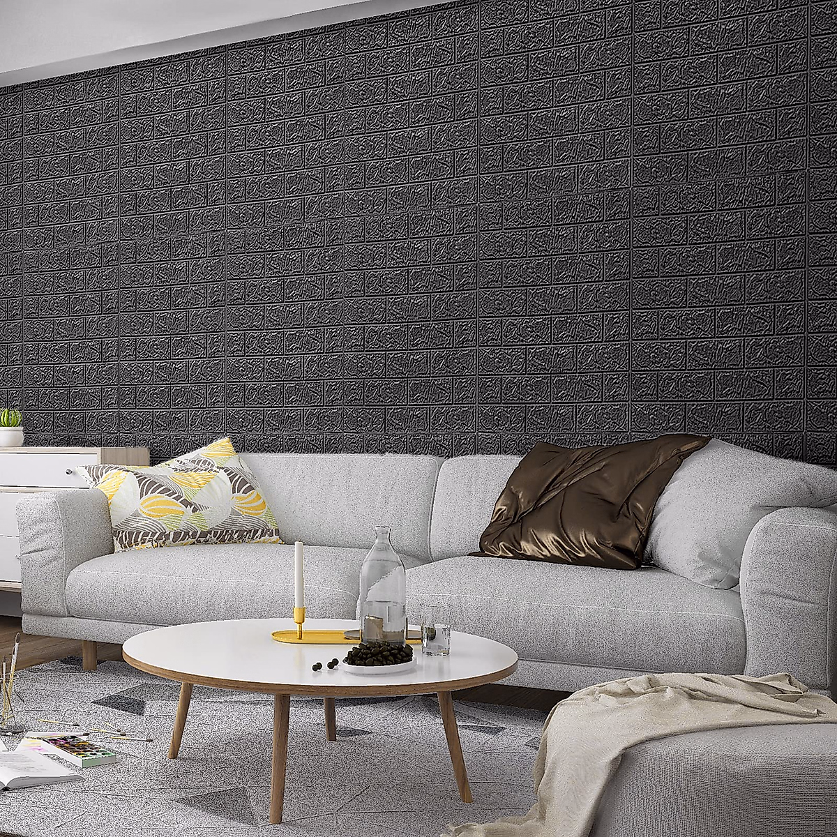 Art3d 30Pcs 3D Brick Wallpaper in Black, faux Foam Brick Wall Panels Peel and Stick, Waterproof for Bedroom, Living Room, and Laundry Decor (43.5Sq.Ft)