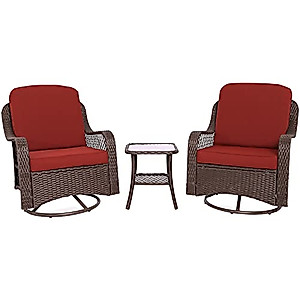 MAGIC UNION Rattan Rockers Outdoor Furniture 3 Piece, Rocking Chairs Wicker Patio Bistro Set with Side Table, Outdoor 360°Swivel Rocker Chairs with Padded Cushions (Dark Red)