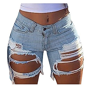 GDJGTA Women Jeans Shorts Pants Overalls Pants Stretch-Free Slim Hole Distressed Casual Fit Hot Pants Light Blue