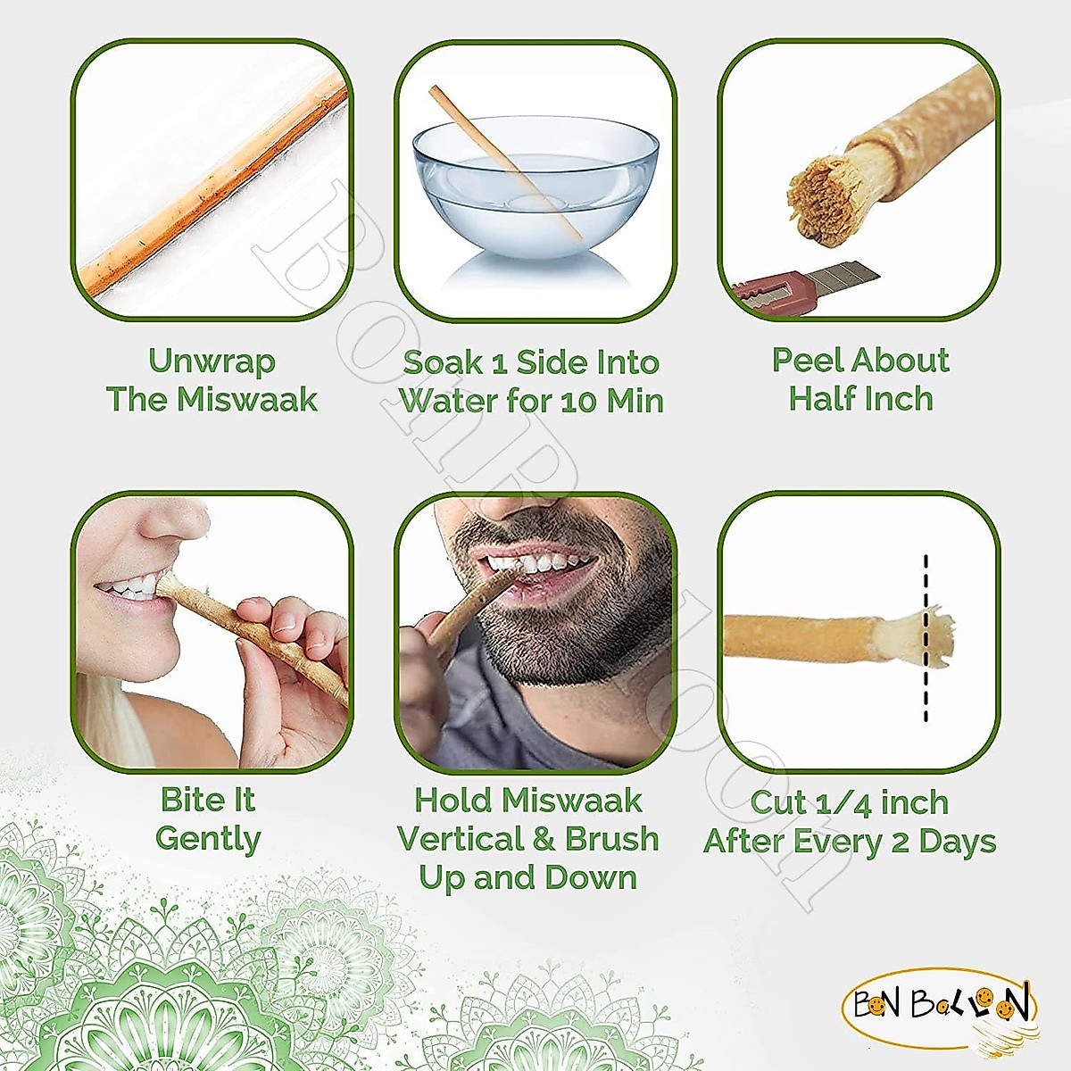 bonballoon 100 Pcs Al Falah Siwak Meswak Miswak Miswak Arak Peelu Al Falah Chewing Stick with Natural Flavor Herbal Toothbrush Vacuum Sealed Breath Freshener (100 Tooth Sticks)