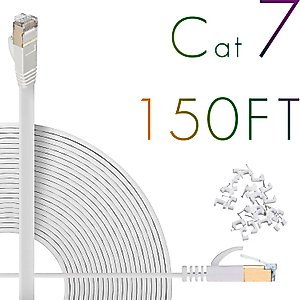 Cat7 Ethernet Cable 150ft Flat High Speed Shielded (STP) Solid Computer Network Cord with Snagless Rj45 Connectors Slim Durable Internet LAN Wire for Modem,Router.Faster Than Cat5e/Cat5/cat6(White) …
