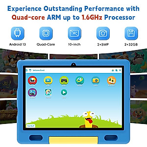 ApoloSign Kids Tablet 10 inch, Android 13 Tablet for Kids, 2+32GB Storage, Pre-Installed Educational Apps with Ad-Free Contents and Parental Control, 5000mAh Battery, EVA Shockproof Case - Blue
