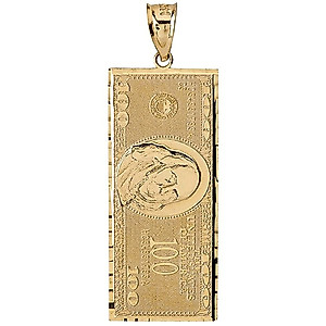 14K Yellow Gold 1.4" Benjamin's One Hundred Dollar Bill Money $ Charm Pendant