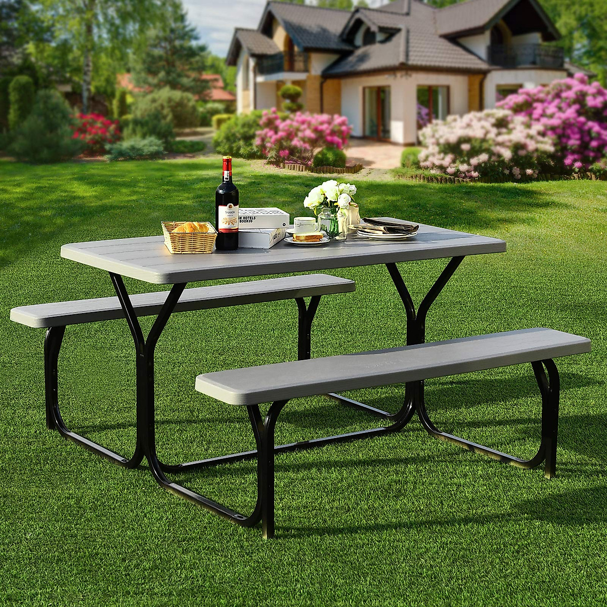 Giantex Picnic Table Bench Set Outdoor Camping All Weather Metal Base Wood-Like Texture Backyard Poolside Dining Party Garden Patio Lawn Deck Furniture Large Camping Picnic Tables for Adult (Gray)