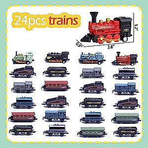 CORPER TOYS Mini Train Toy Set, 4 Packs (24 Pieces) Pull Back Model Train Playset for 3 4 5 6 Year Old Boys Girls, Diecast Steam Train with Linkable Cars for Birthday Gifts