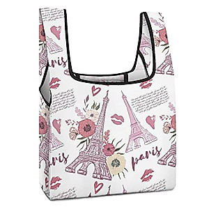 Paris Eiffel Tower Printed Reusable Grocery Bag with Handle Foldable Shopping Tote Bags Portable for Supermarket Camping