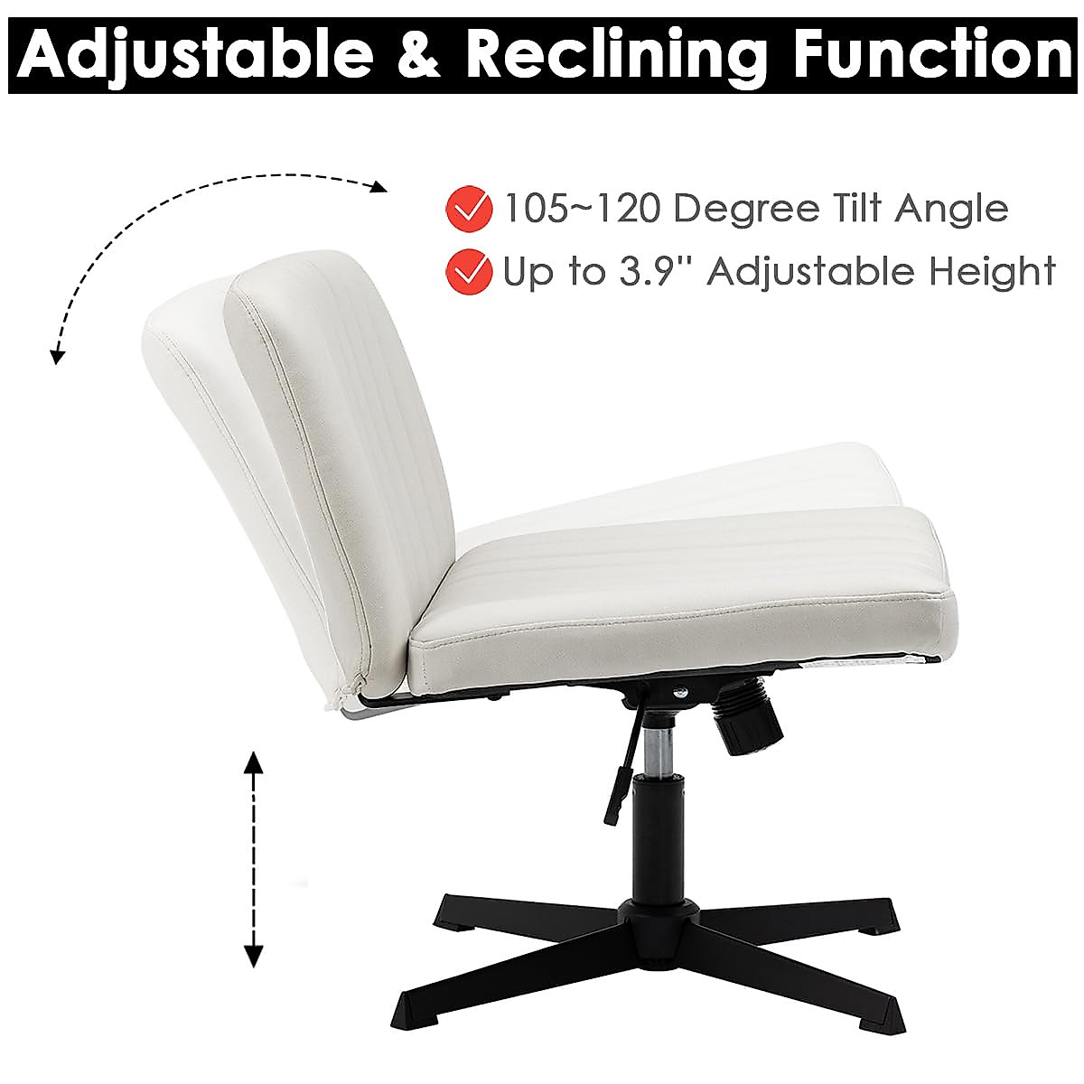 PEFEK Criss Cross Chair Armless Home Office Computer Chair No Wheels PU Leather Vanity Desk Task Chair Adjustable Swivel Ergonomic Living Room Chairs with Padded Backrest & Thickened Cushion (Beige)