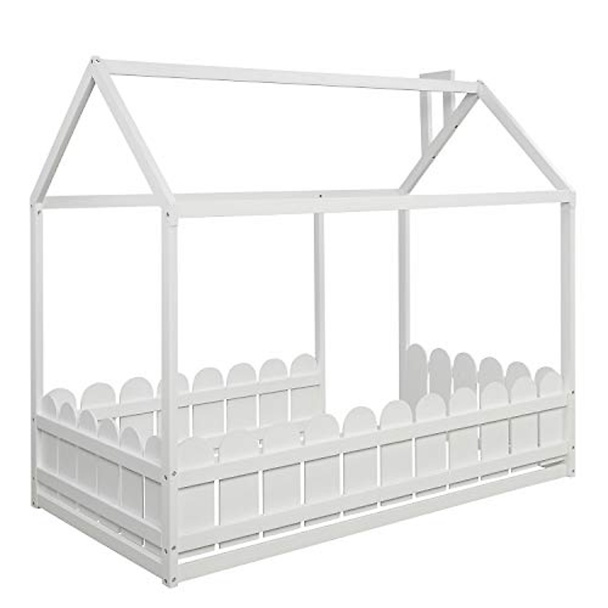Merax Twin Size House Bed Frames Platform Bed with Fence for Boys or Girls, Box Spring Needed(Slats Kit Not Included), White