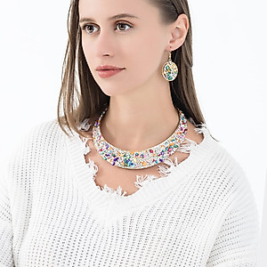 Rhinestone Collar Gold Alloy Metal Necklace For Women Stone Bangle Earring Jewelry Accessories 3pcs Sets (3pcs colorful sets)