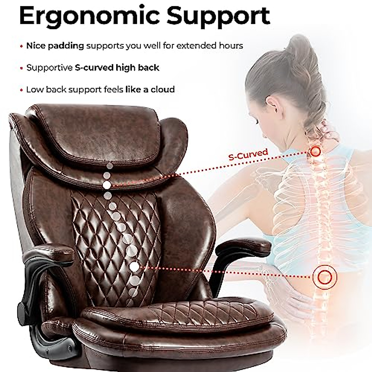 YI DANICA High Back Big & Tall 400lb Office Chair - Heavy Duty Base, Adjustable Tilt Angle Large Bonded Leather Ergonomic Executive Desk Computer Swivel Chair