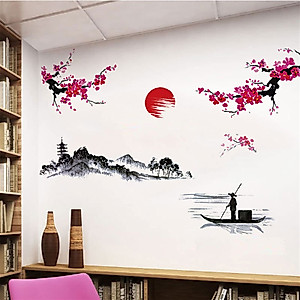 2 Sheets Japanese Style Splash Ink Landscape Painting Wall Sticker Red Cherry Blossom Wall Decals Removable Peel and Stick Mountain River Fisherman Mural for Bedroom Living Room TV Home Decor