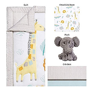 Sammy & Lou Jungle Pals 4-Piece Baby Nursery Crib Bedding Set for Boys, Includes Quilt, Fitted Crib Sheet, Crib Skirt, and Plush Toy