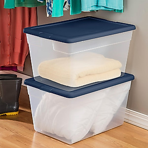 Sterilite Stackable 56 Quart Clear Home Storage Box with Handles and Marine Blue Lid for Efficient, Space Saving Storage and Organization (8 Pack)