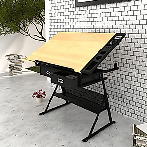 vidaXL Adjustable Drawing Table with Stool 2 Drawers Tiltable Iron Drafting Table Drawing Work Station Art Craft Student Office Desk