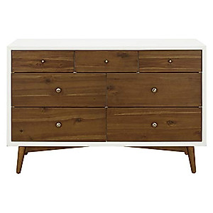 babyletto Palma 7-Drawer Assembled Double Dresser in White and Natural Walnut, Greenguard Gold Certified