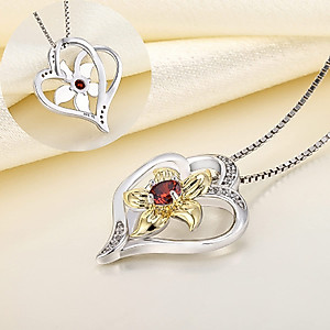 YL Women's Heart Necklace Sterling Silver Lily Flower Love Pendant 18k White Gold Created Garnet Jewelry