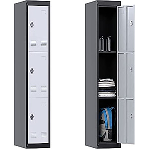 JAORD Metal Locker,3 Door Locker Storage Cabinet with Lock, 71" Steel Locker Organizer with Shelf for School,Home, Gym,Garage (3 Door Gray)