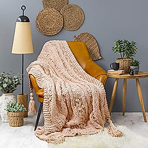 Pink Acrylic Knit Boho Throw Blanket with Tassels (51x63 inch) MH MYLUNE HOME Handmade Farmhouse Cozy Decorative Blanket for Couch, Bed, Sofa