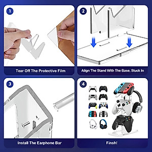 Game Controller Holder Headset Stand: Universal Dual Controller Holder 3 Tier Headset and Controller Holder Acrylic Holder Storage Gamepad Headphone Stand, for Xbox Series PS5 PS4 (Clear)