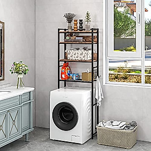 HOJINLINERO Over The Toilet Storage Shelf, 4-Tier Bathroom Over The Toilet Organizer Rack with 4 Hooks, Bathroom Shelf for Bathroom, Space Saver, Metal Frame, Rustic Brown