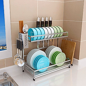 KLHDGFD Drain Rack-Stainless Steel Kitchen Dish Drying Rack 2-Tier Wall Floor Mounted
