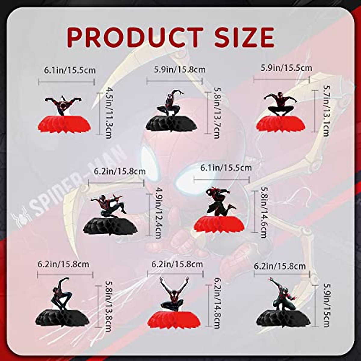 8Pcs Miles Morales Honeycomb Centerpieces Set Spider Double Sided Table Toppers, Black Spider Birthday Party Decoration and Supplies for Birthday Party Favor Baby Shower Decorations