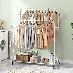 Laiensia Double Rods Garment Rack with Wheels, Clothing Rack for Hanging Clothes,4 Hooks, Multi-functional Bedroom Clothes Rack, White