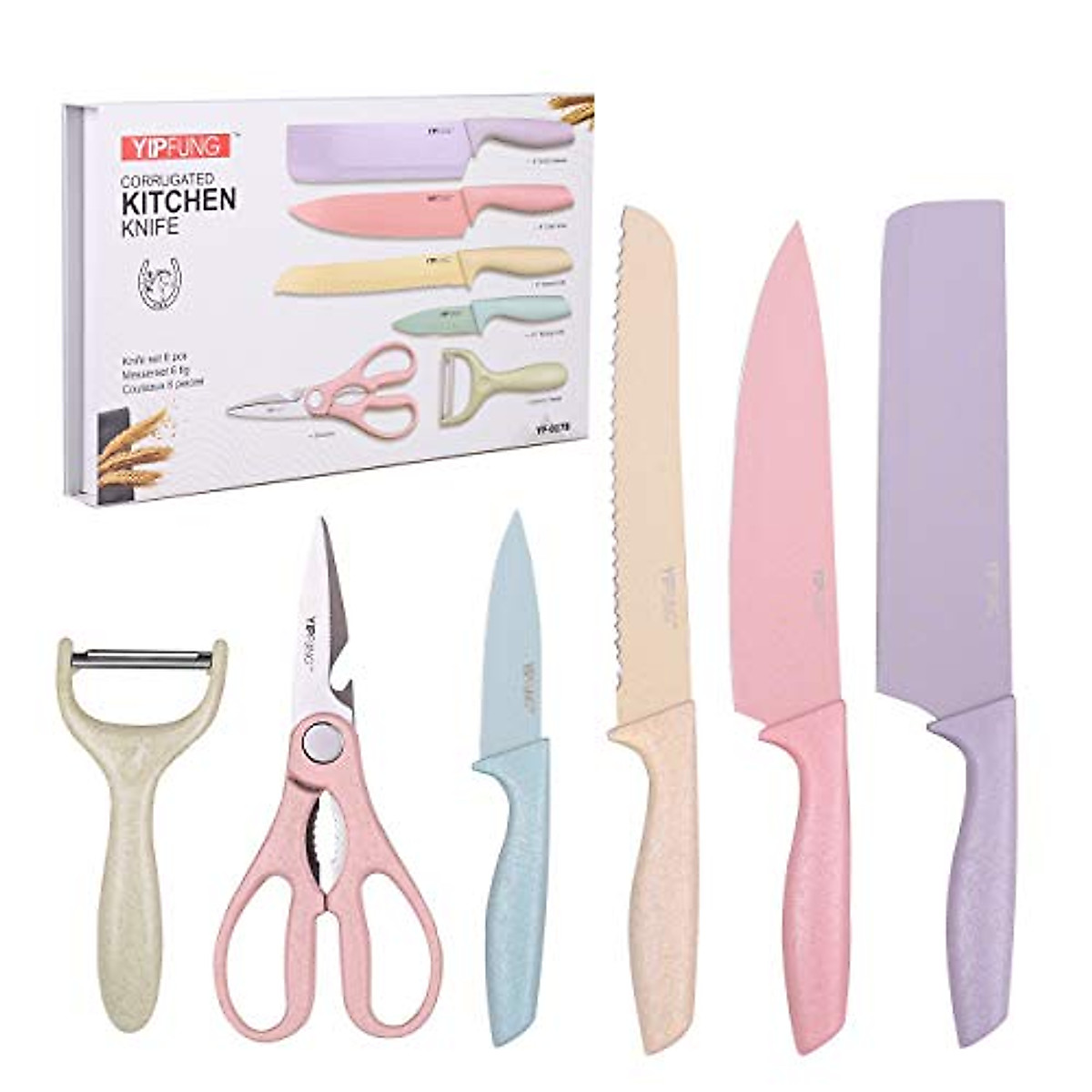 Colorful Knife Set for 6 Pieces, High Carbon Steel Kitchen Knife Set, Environmental Wheat Straw Material Handle, Sharp All-purpose Professional Chef Knife with Gift Box YIPFUNG