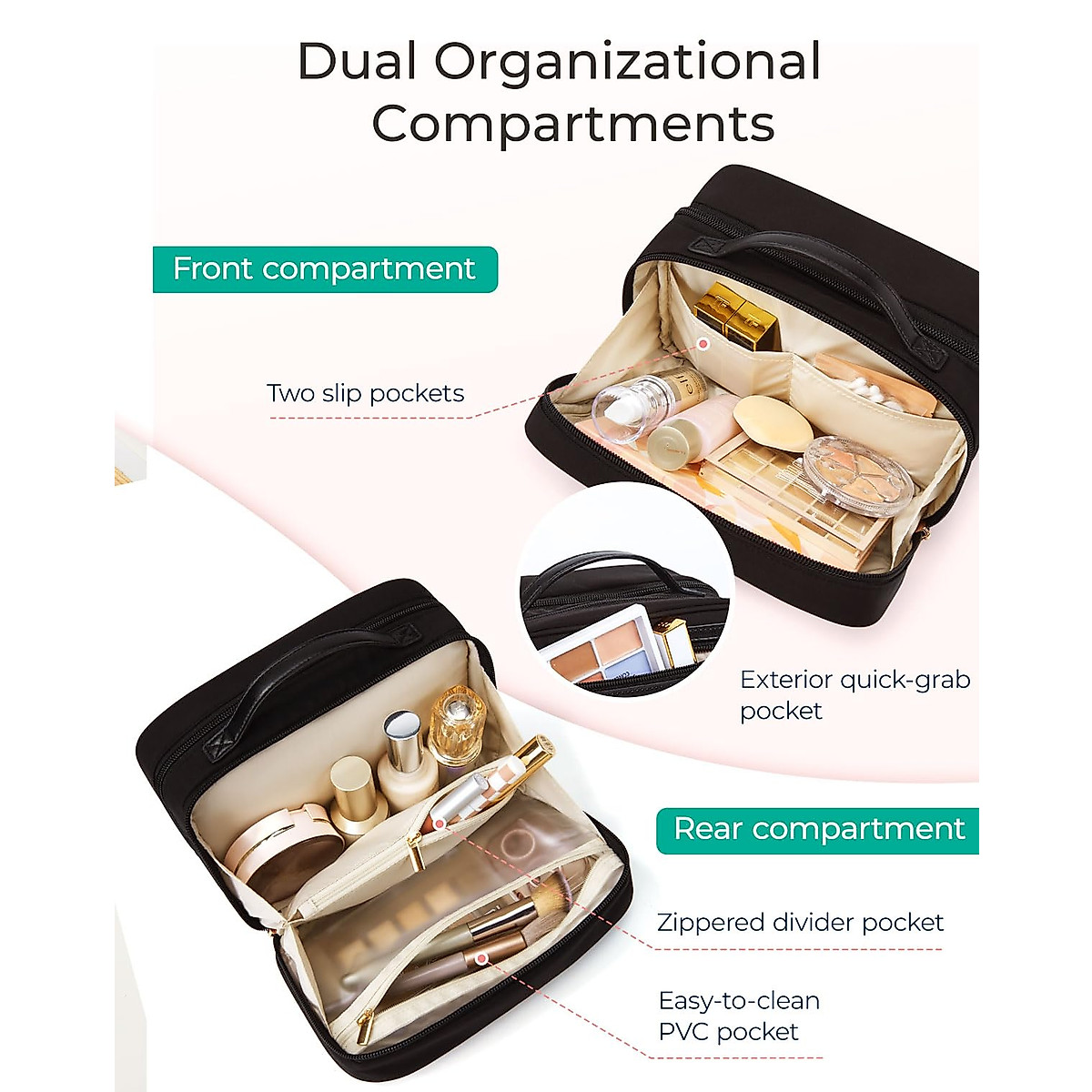 BAGSMART Large Makeup Bag Organizer,Double-Layer Travel Cosmetic Case with Acrylic Mirror,Makeup Train Case with Adjustable Dividers Women Cosmetics Makeup Brushes Toiletries,Black