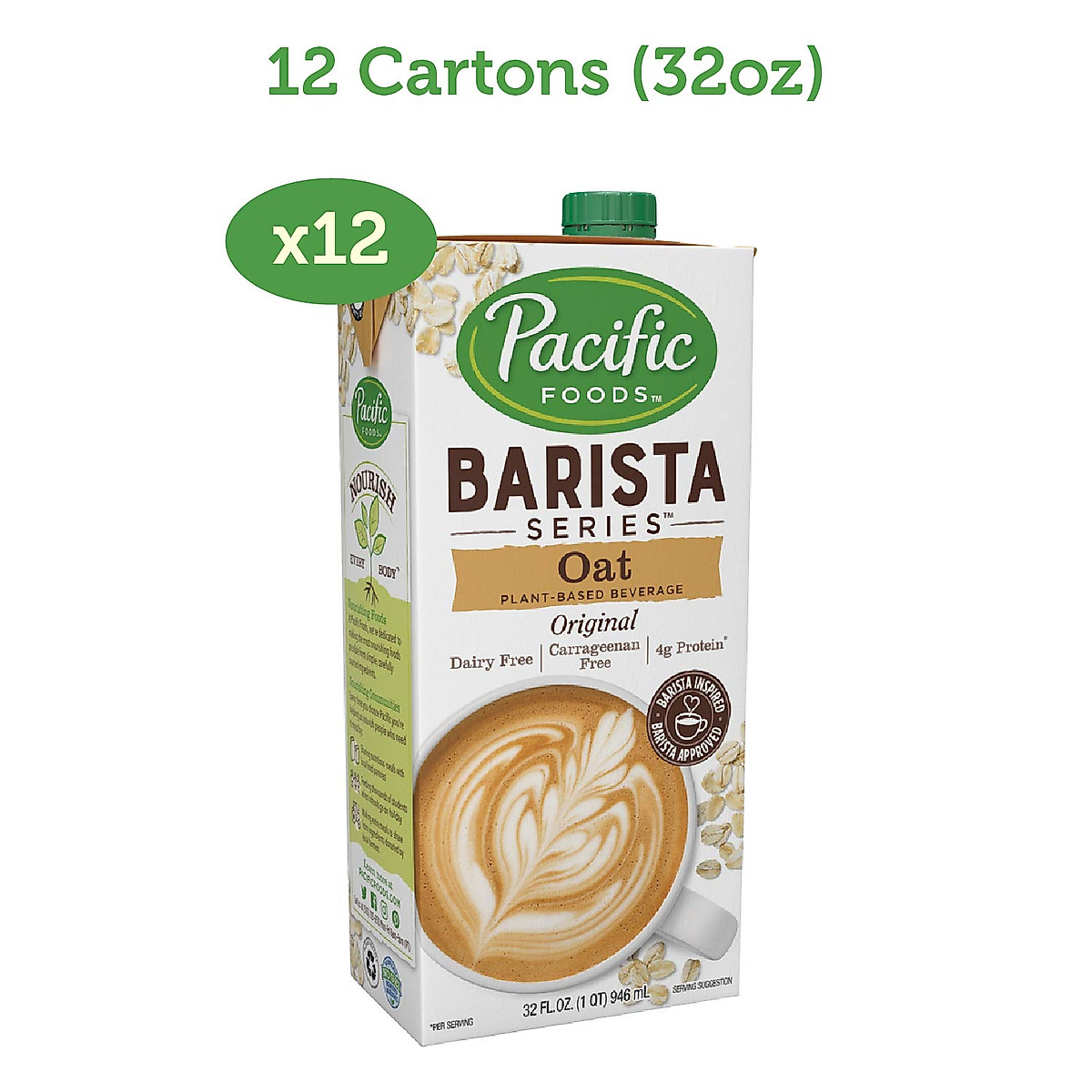 Pacific Foods Barista Series Original Oat Milk, Vegan Friendly, Kosher, Non-GMO, 32 Fluid Ounce (Pack of 12)